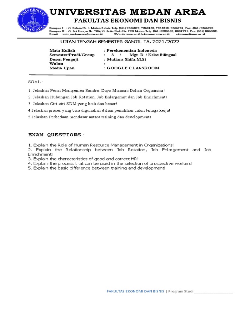 SOAL UTS MSDM MGT D-Kelas Bilingual | PDF