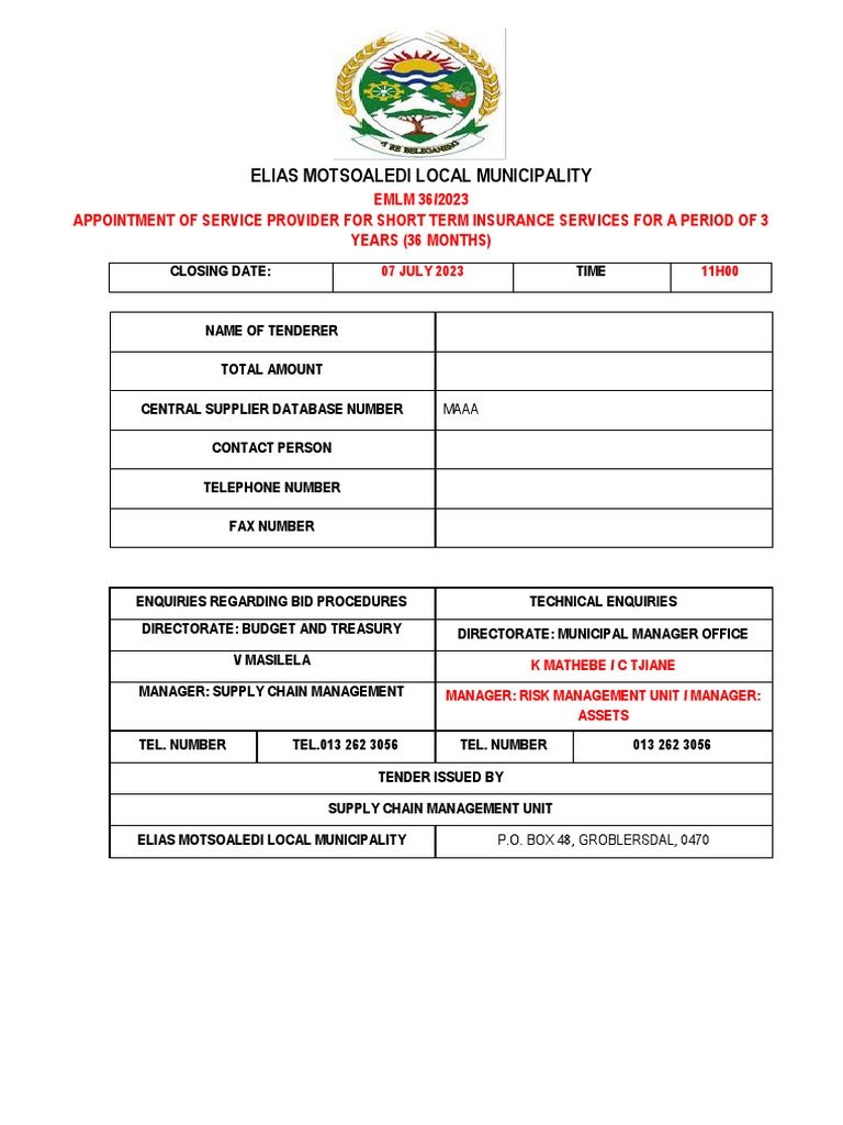 ELIAS MOTSOALEDI LOCAL MUNICIPALITY TENDER DOCUMENT | PDF