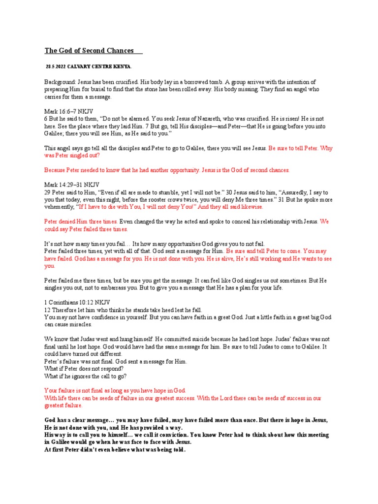 God of Second Chances Sermon Outline | PDF | Jesus | Forgiveness
