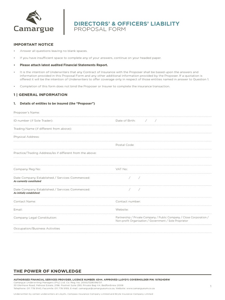 Directors Officers Liability Proposal Form | PDF | Finance & Money ...