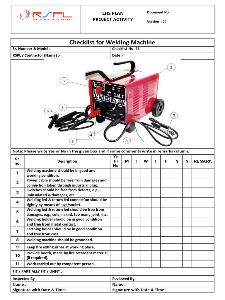 Checklist For Welding Machine | PDF | Equipment | Mechanical Engineering