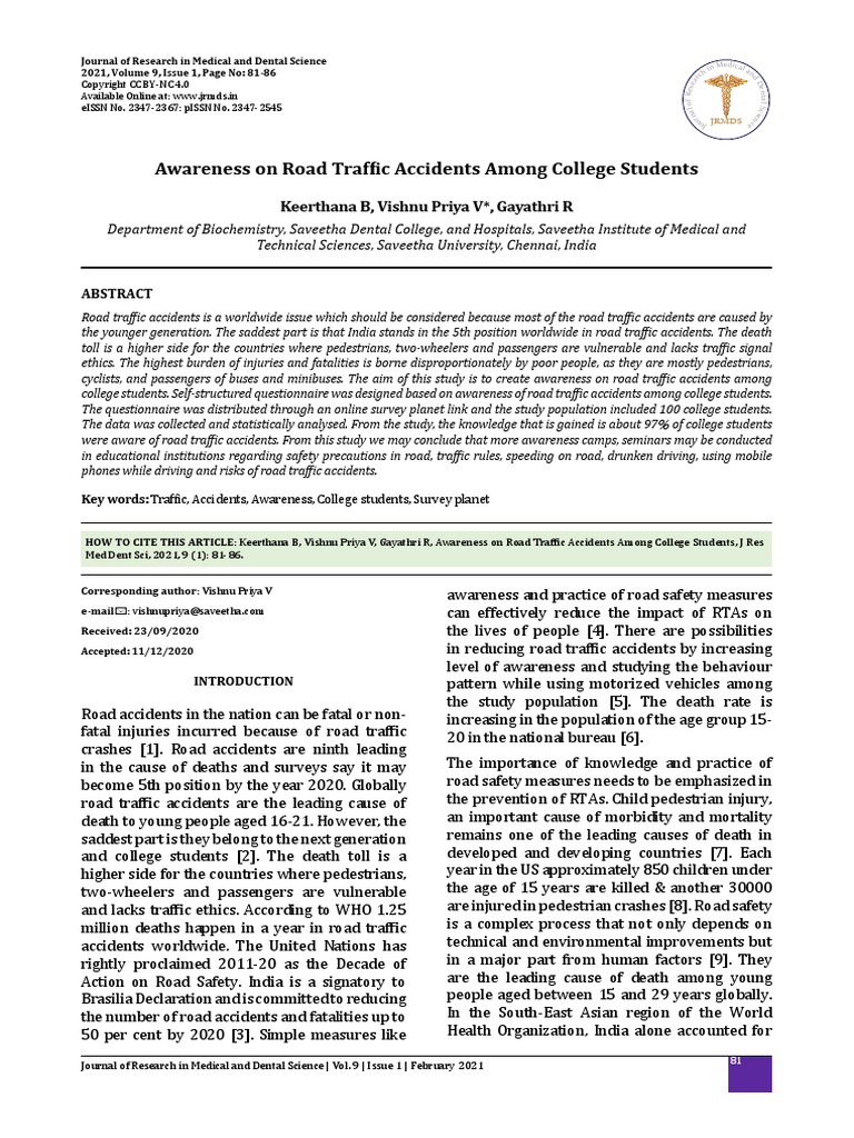 Awareness On Road Traffic Accidents Among College Students | PDF