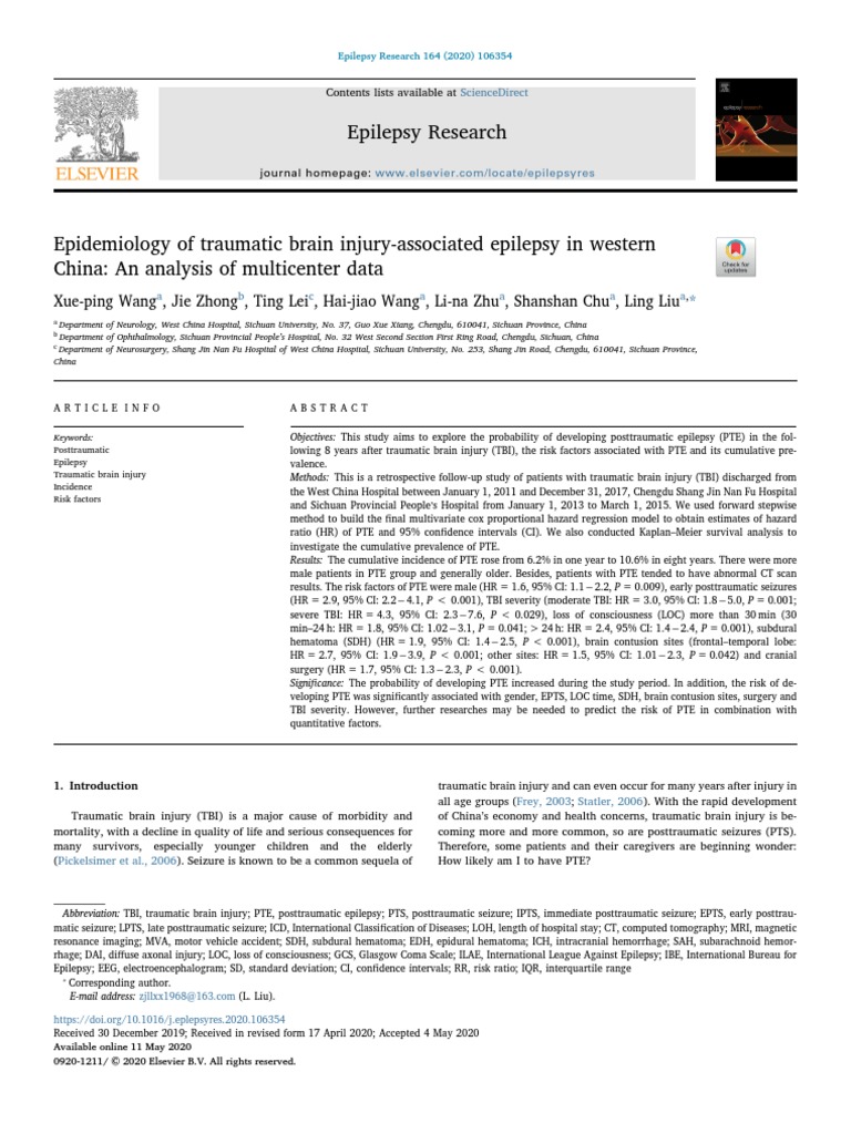 Epidemiology of Traumatic Brain Injury-Associated Epilepsy in Western ...