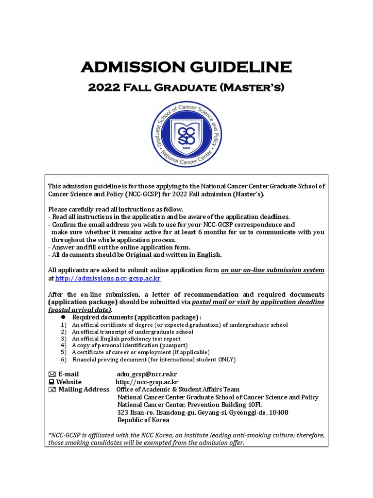 NCC-GCSP Admission Guideline For 2022 Fall (Master) | PDF