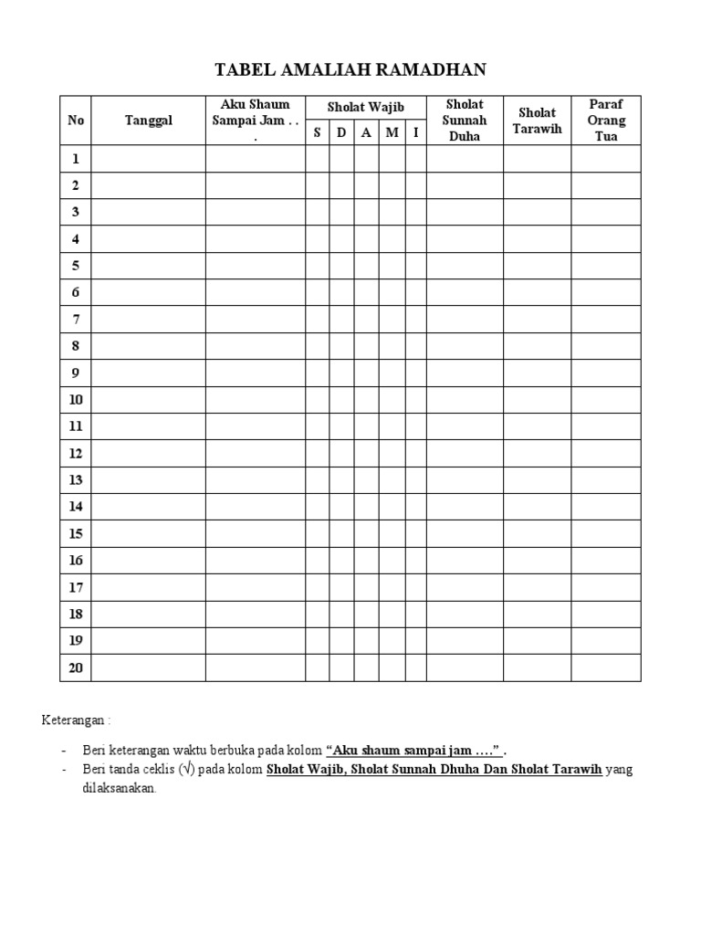Tabel Amaliah Ramadhan Anak | PDF
