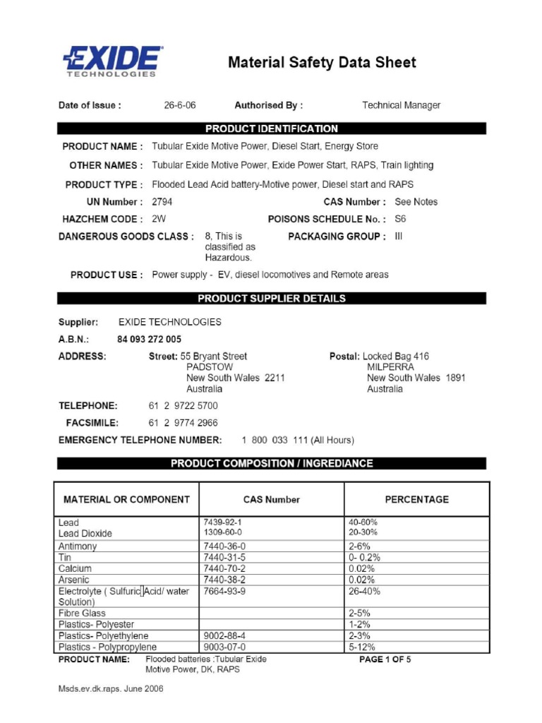 MSDS Exide | PDF