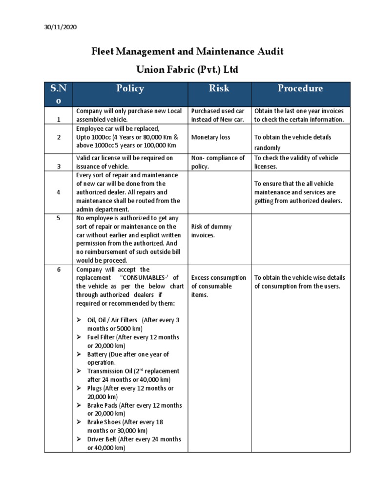 Audit Program For Vehicle Maintenance | PDF | Car | Employment