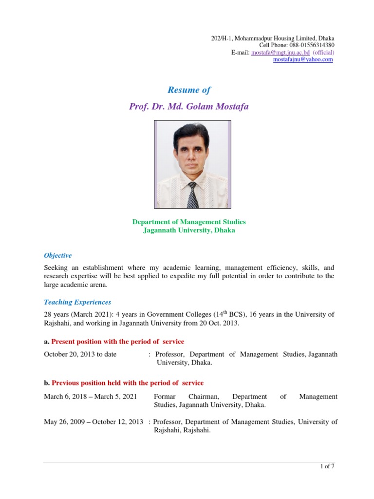 Prof. Dr. Md. Golam Mostafa: Resume of | PDF | Bangladesh | Master Of ...