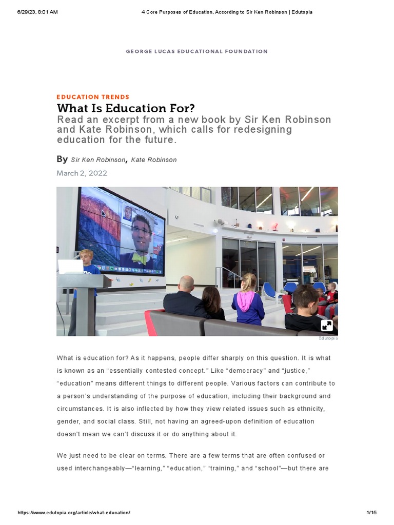 4 Core Purposes of Education, According To Sir Ken Robinson - Edutopia | PDF | School Counselor ...