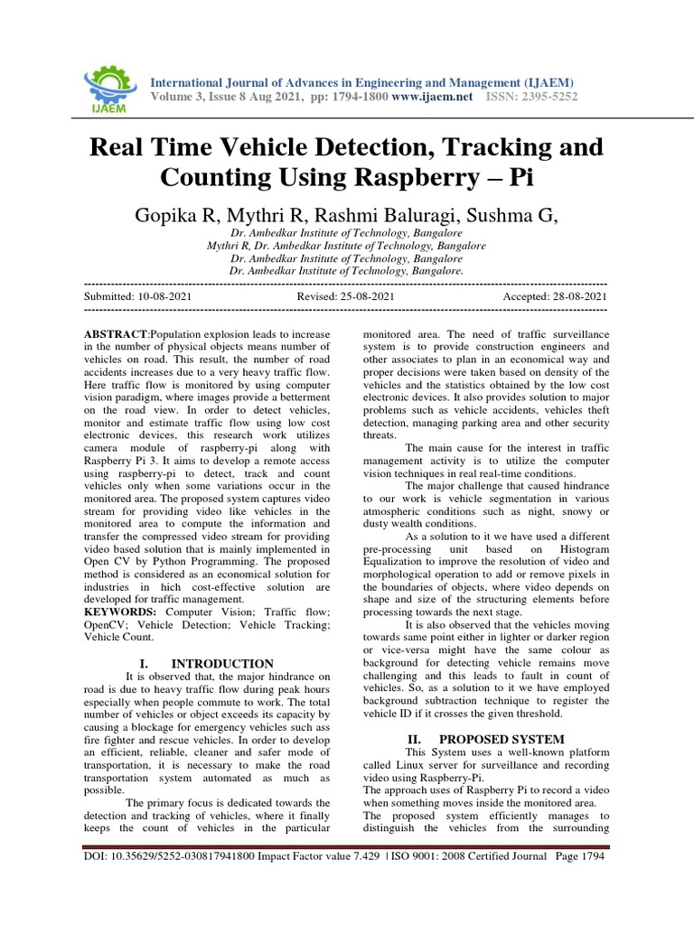 Real Time Vehicle Detection, Tracking and Counting Using Raspberry Pi | PDF