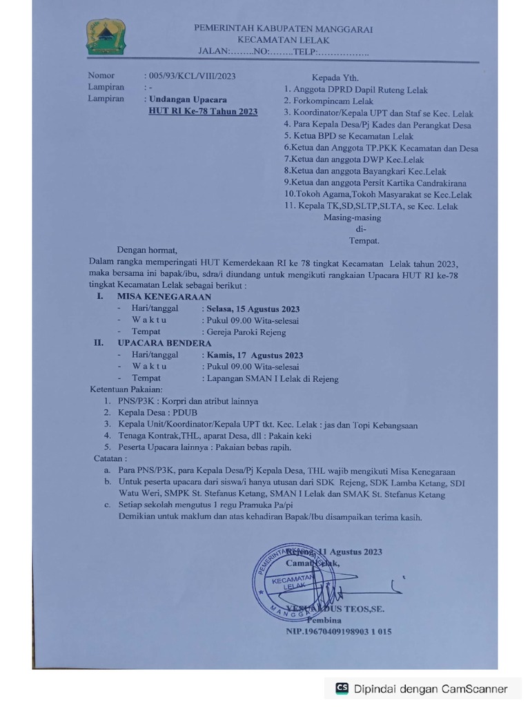 Surat Undangan Upacara HUT RI Ke-78 Kec. Lelak | PDF