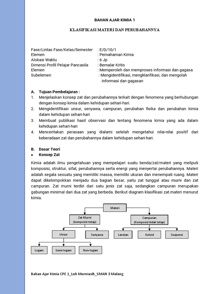Bahan Ajar Kimia 1 | PDF
