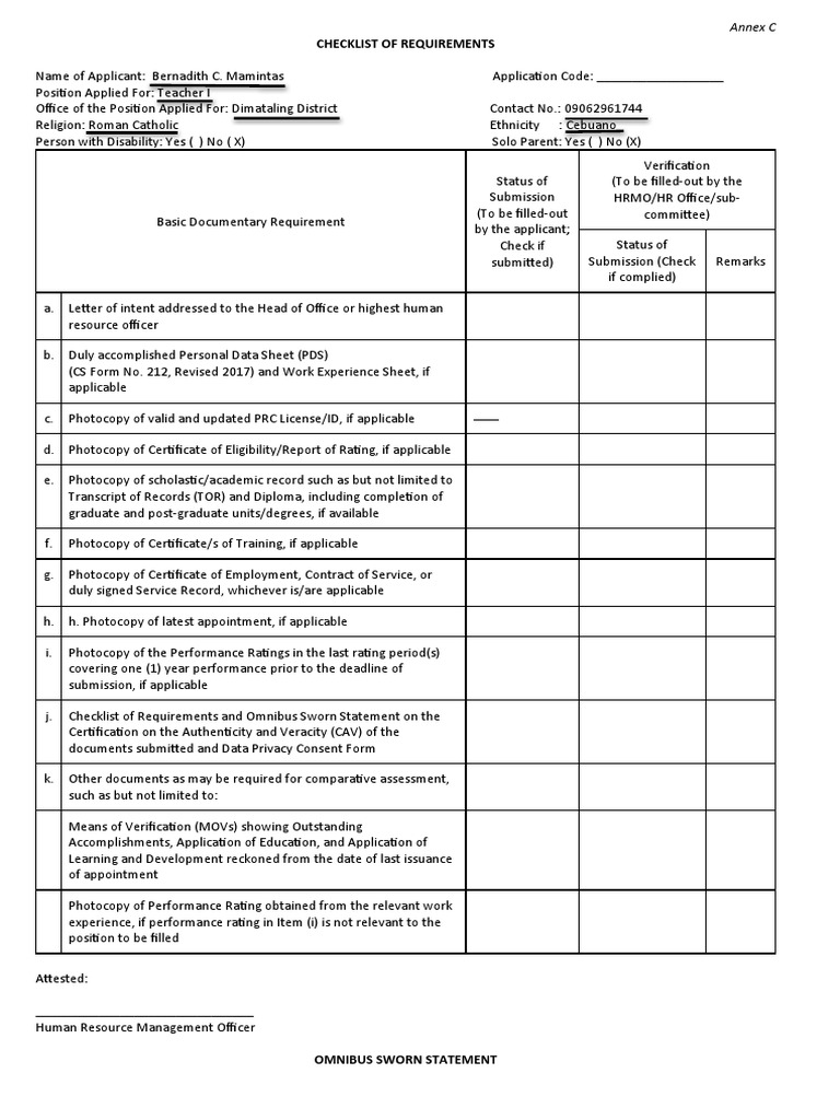 Annex C Checklist of Requirements and Omnibus Sworn Statement | PDF
