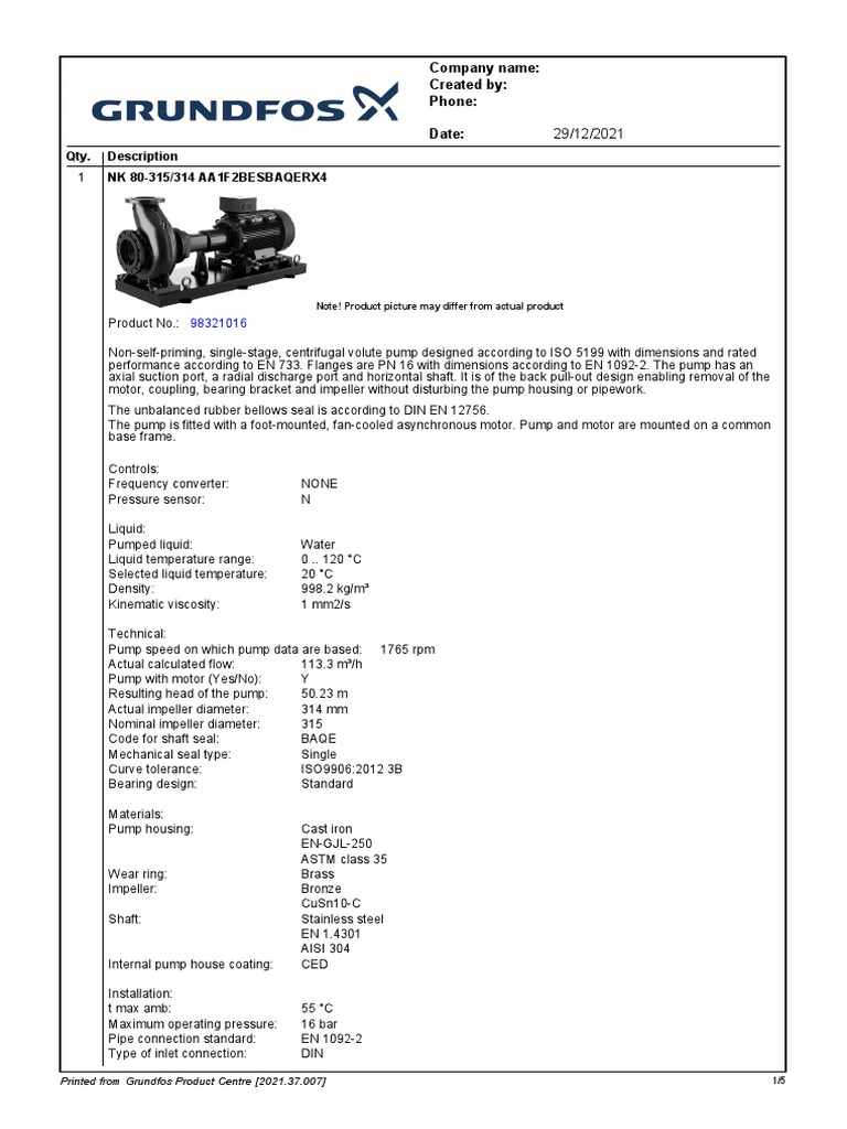 Grundfos Pupm Siemens, Felm Motor Data Sheet | PDF | Pump | Electric Motor