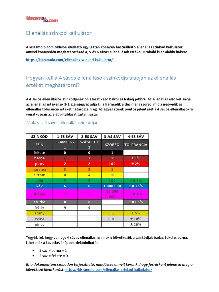 Ellenallas Szinkodok Letoltheto Tablazat Kiszamolo Com | PDF