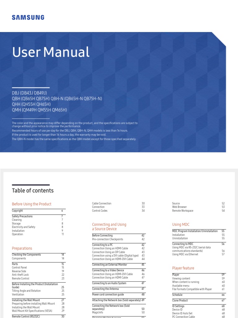 DBJ QBH QBH-N QHH QMH User Man | PDF | Hdmi | Ac Power Plugs And Sockets