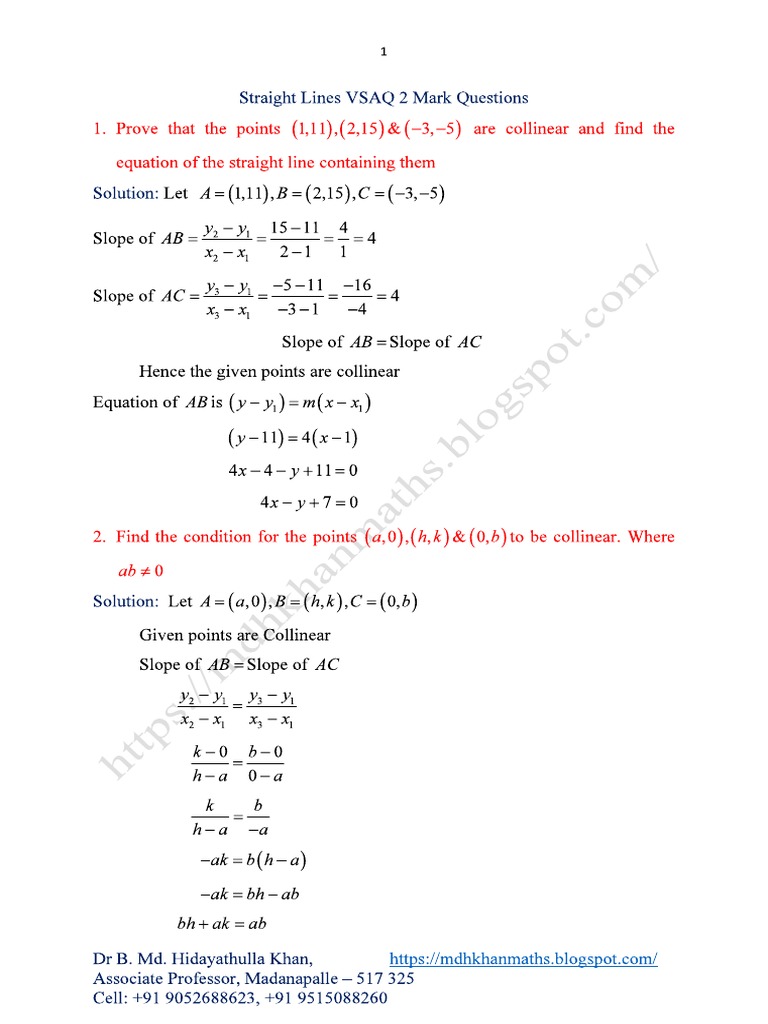 Straight Lines Vsaq 2 Mark Questions I B | PDF