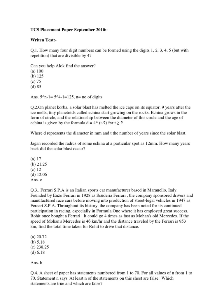 TCS Placement Paper September 2010 | PDF | Ferrari | Teaching Mathematics