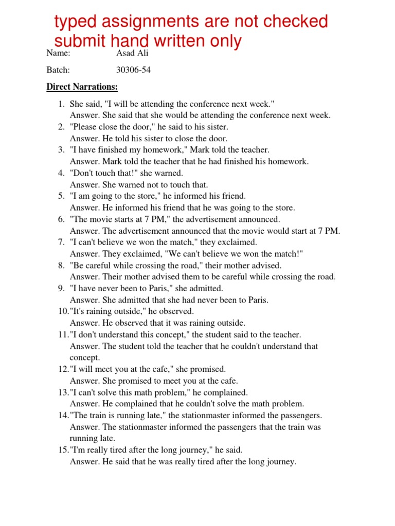 Typed Assignments Are Not Checked Submit Hand Written Only: Direct Narrations | PDF