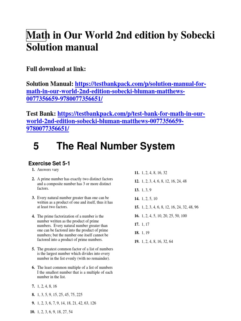 Math in Our World 2nd Edition by Sobecki Solution Manual 1 | PDF ...
