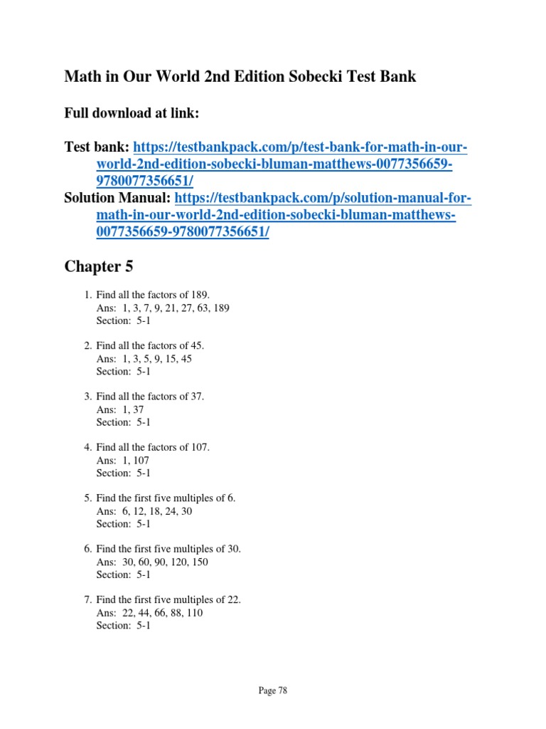 Math in Our World 2nd Edition Sobecki Test Bank 1 | PDF ...