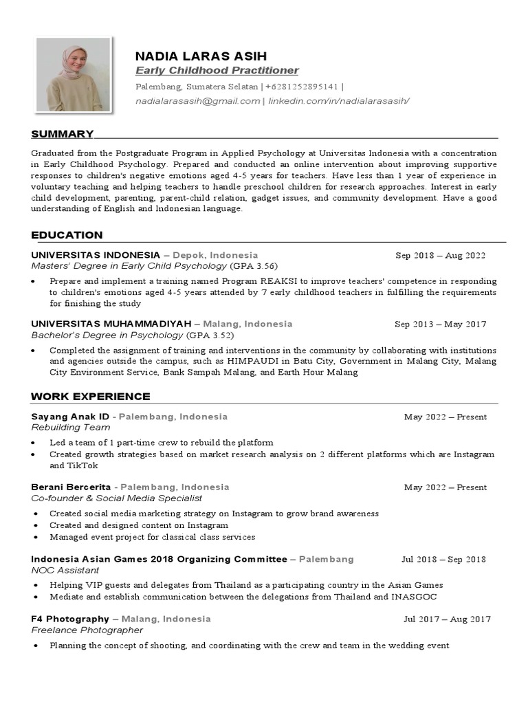 Curriculum Vitae Nadia Laras Asih - Highscope Indonesia | PDF