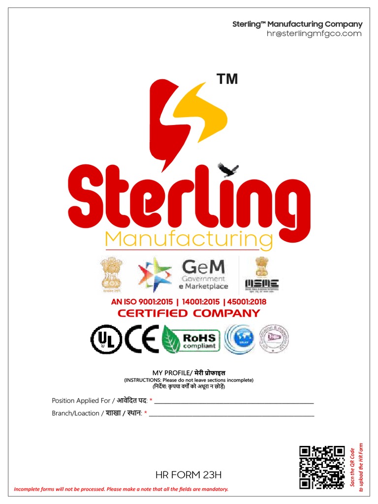 Sterling™ Manufacturing Company HR Form 23h-Min | PDF
