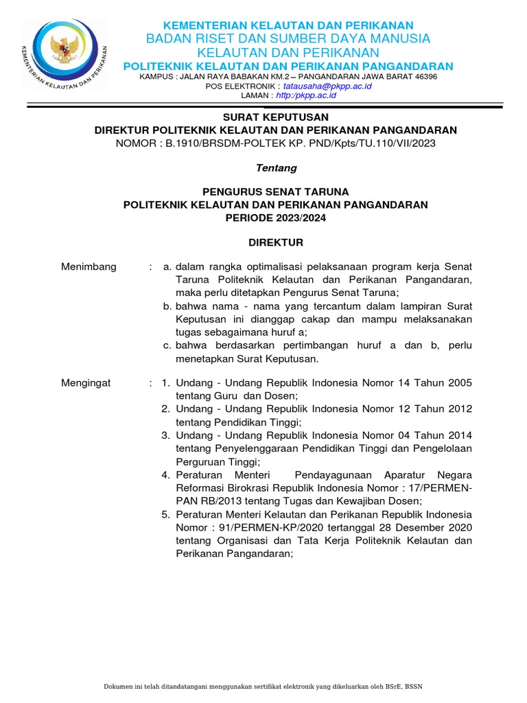 SK Pengurus Senat Taruna Periode 2023-2024 | PDF