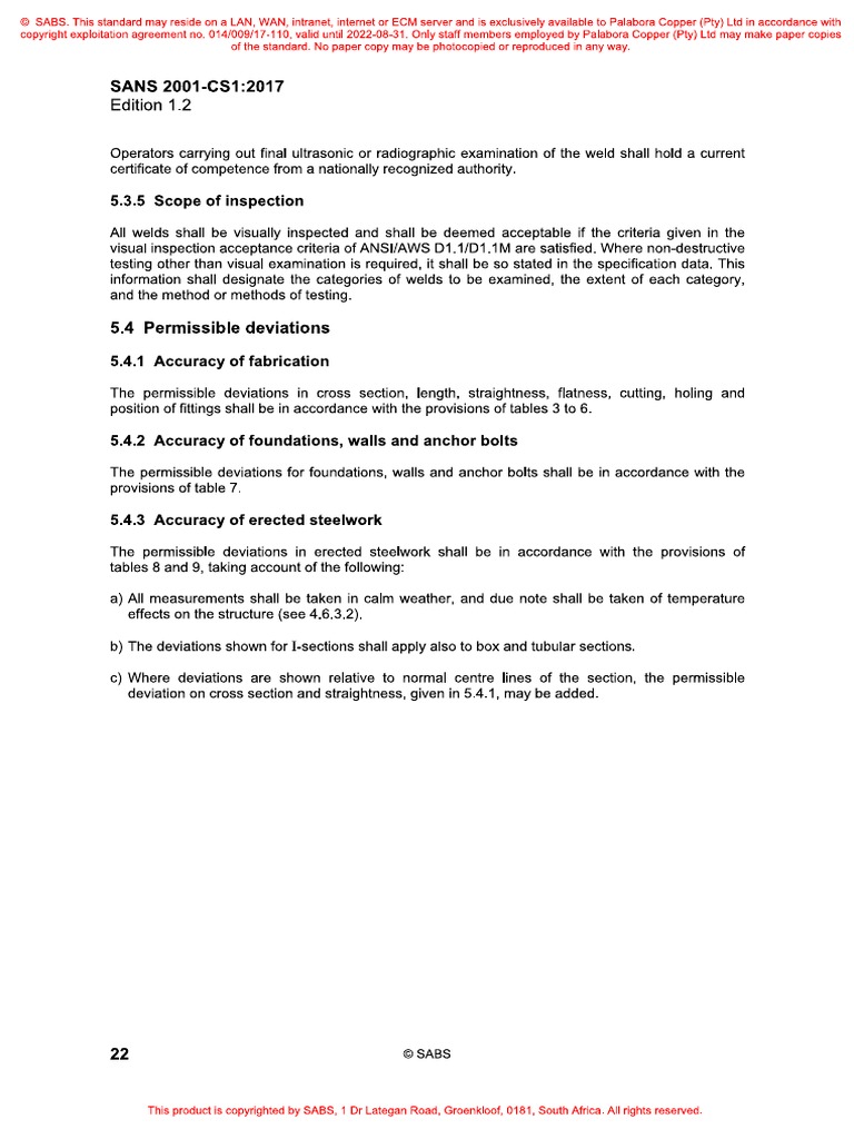 SANS 2001-CS1 Extract Tolerances | PDF