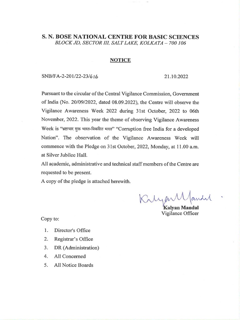Vigilance Awareness Week 2022 - Vigilance Pledge On 31.10.2022 | PDF