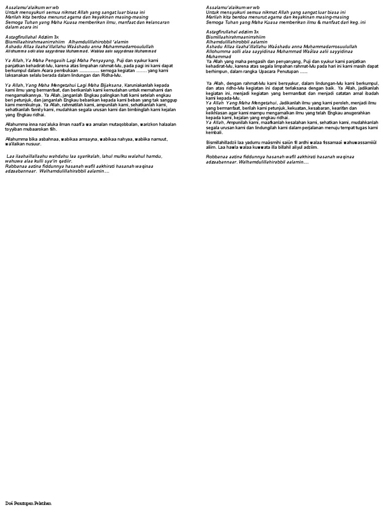doa pembukaan dan penutupan pelatihan | PDF