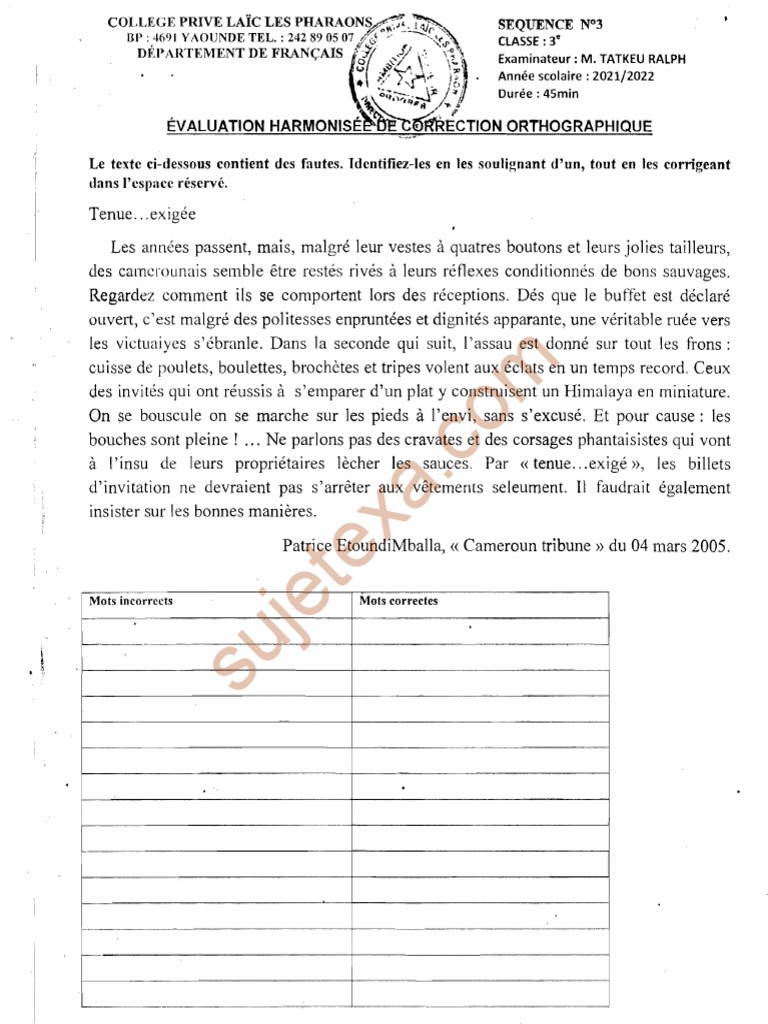 Correction Orthographique - College Prive Laïc Les Pharaons - Sequence N°3 - Classe 3ème - Année ...