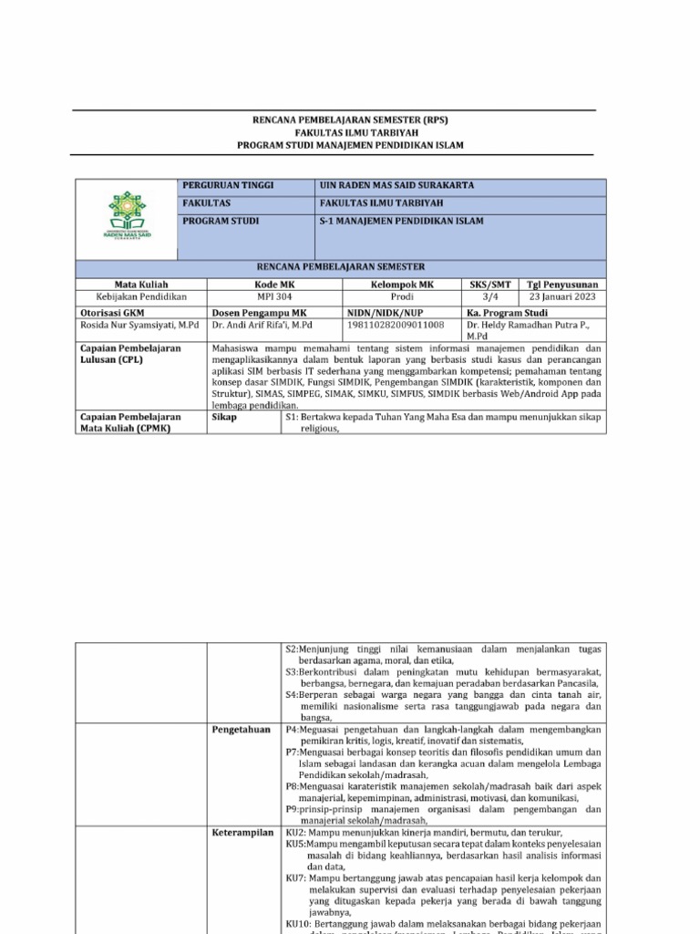 RPS SIM Pendidikan 1 | PDF