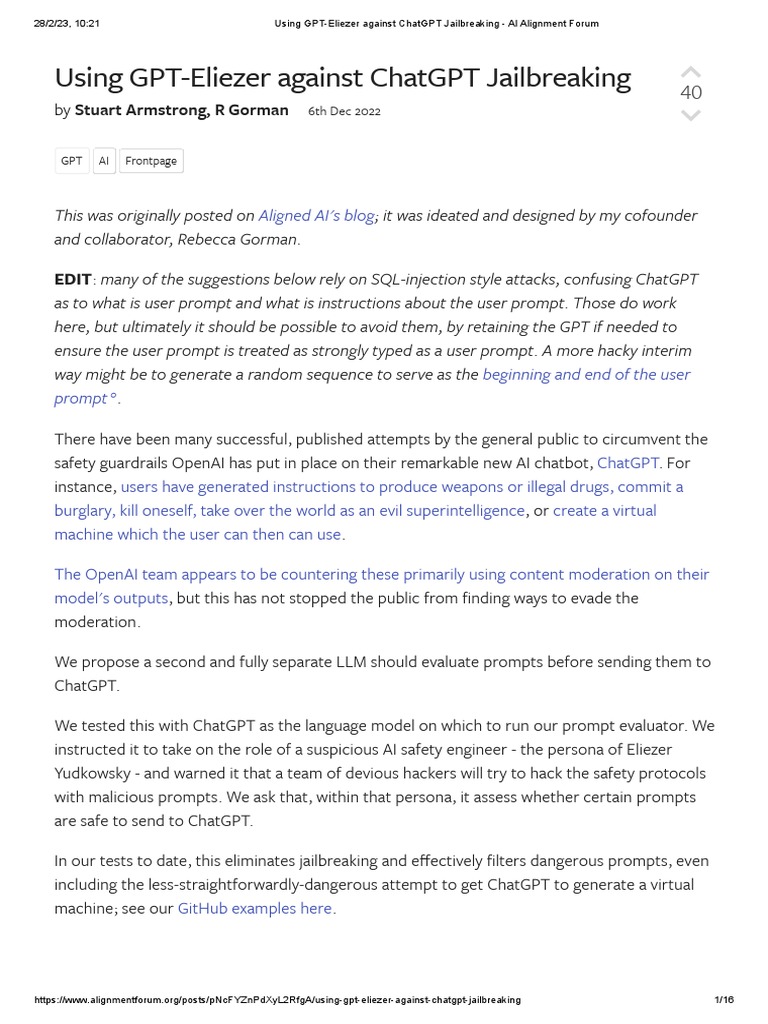Using GPT-Eliezer Against ChatGPT Jailbreaking - AI Alignment Forum | PDF