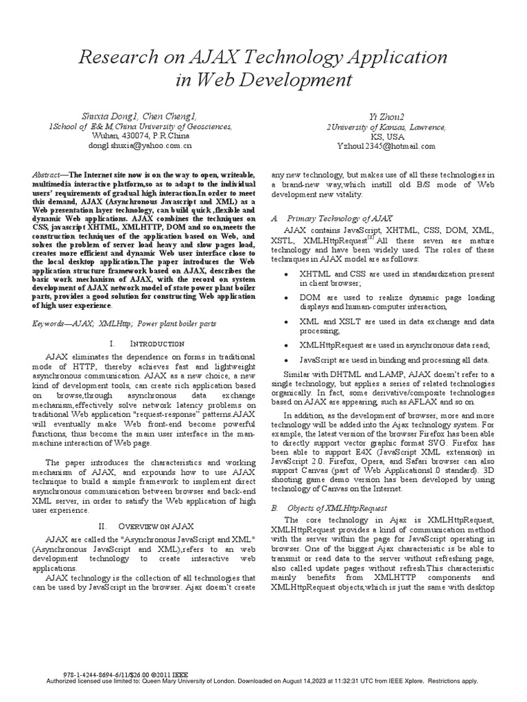 Research On AJAX Technology Application in Web Development | PDF