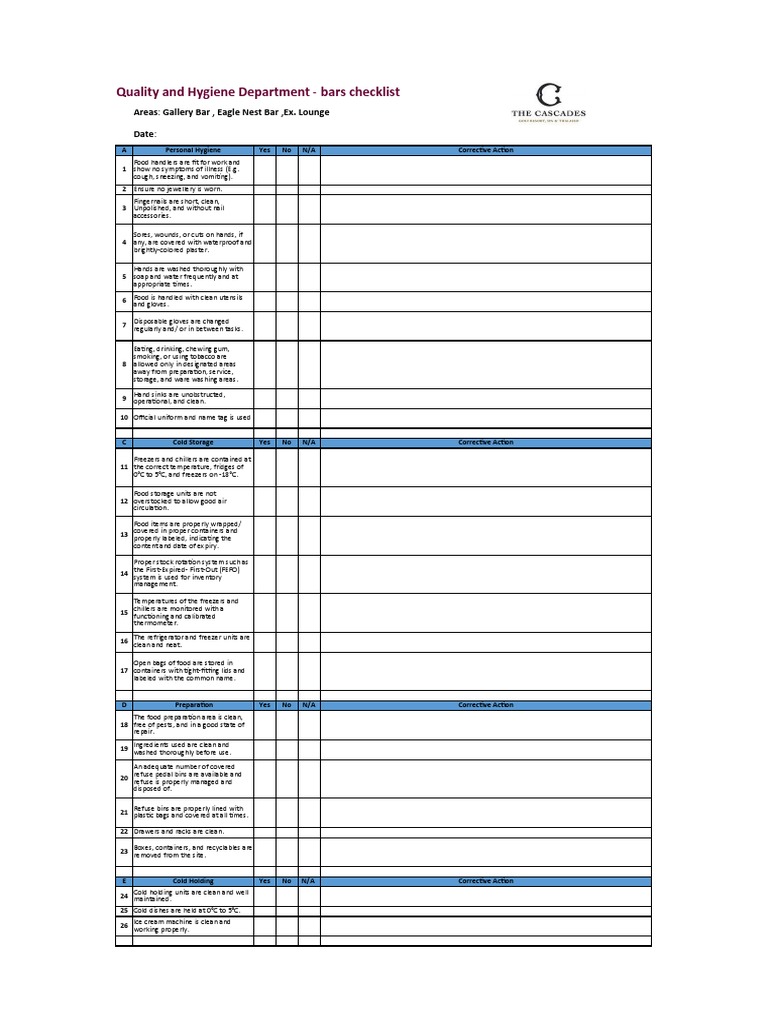 Cascades Bars Daily Checklist | PDF | Refrigerator | Hygiene