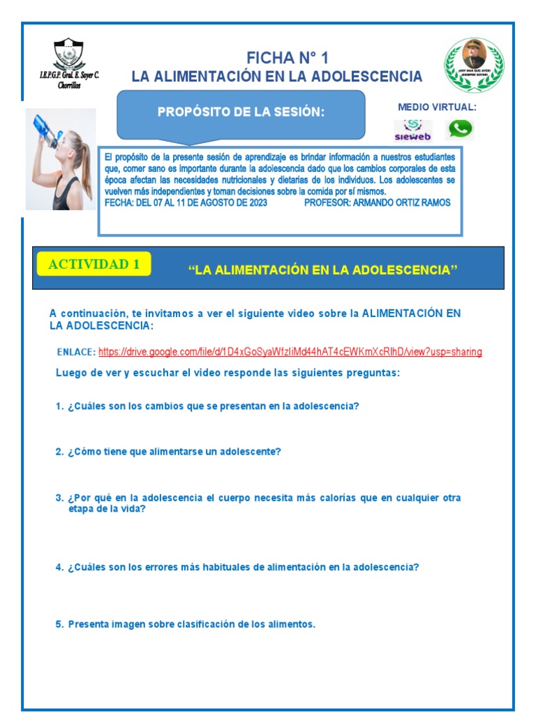 Ficha N 1 Alimentacion en La Adolescencia | PDF