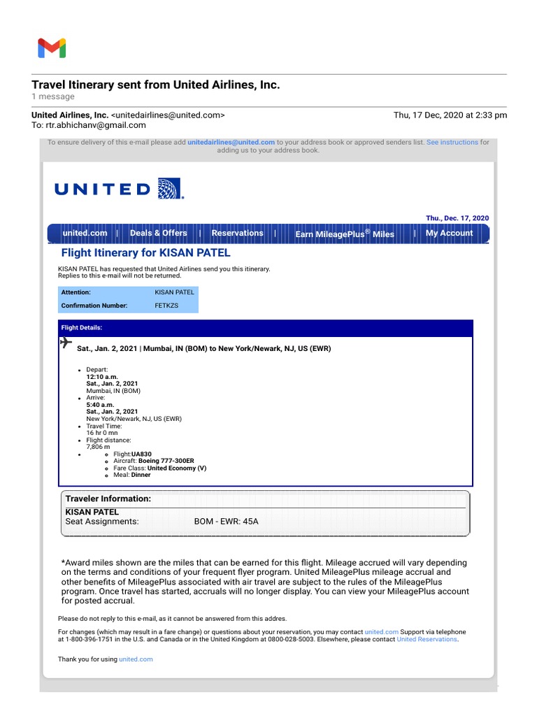 Gmail - Travel Itinerary Sent From United Airlines, Inc. | PDF | United Airlines | Aircraft
