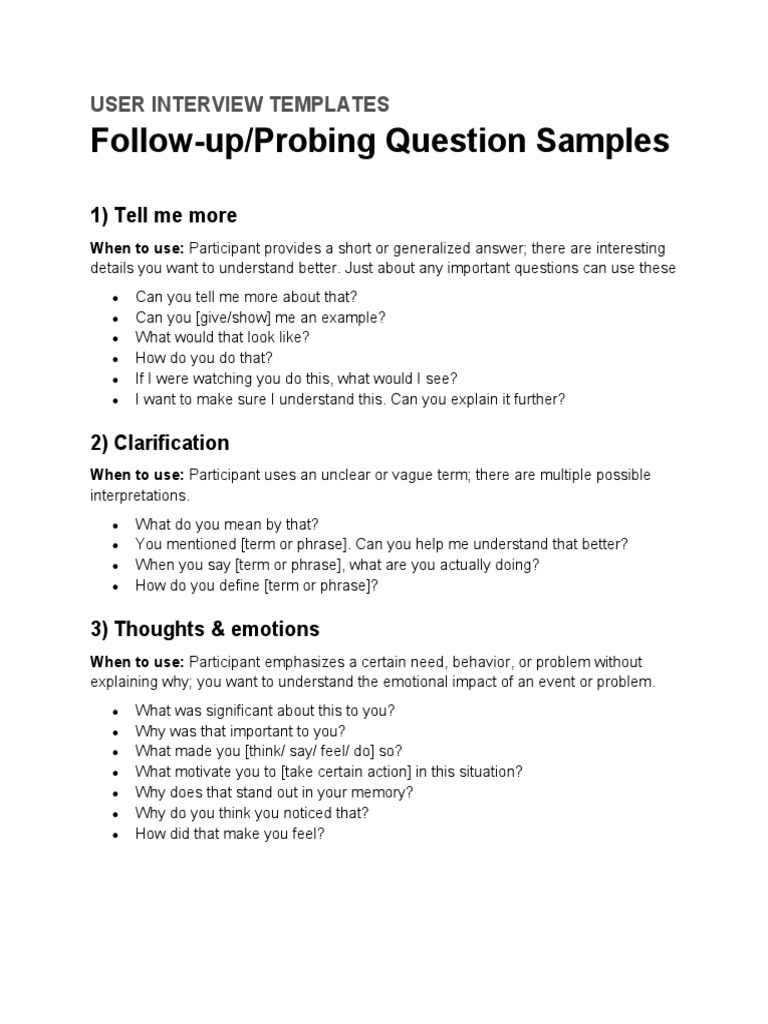 User+Interview+Probes+Follow Up+Questions | PDF