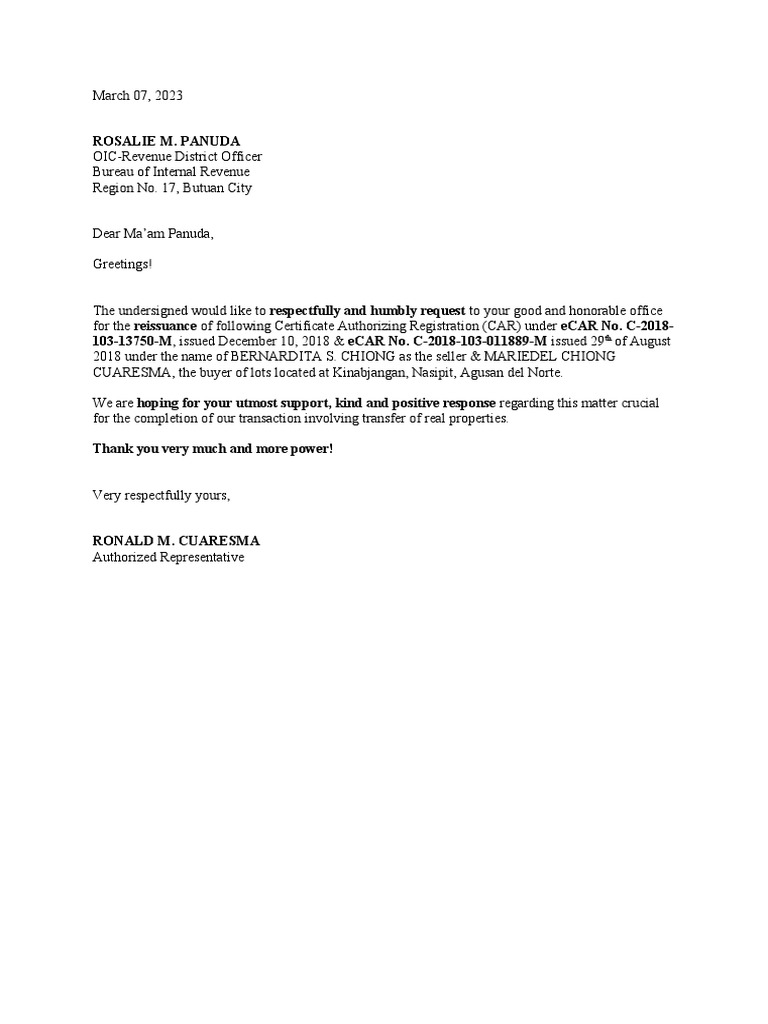 Reissuance of CAR | PDF | Finance & Money Management | Law