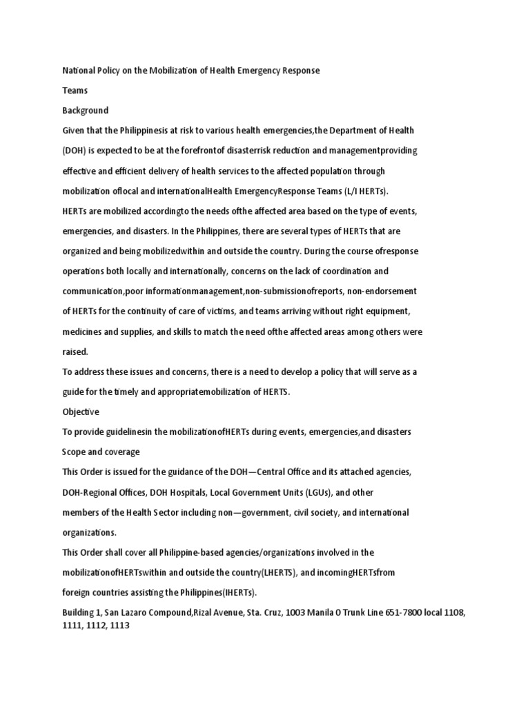 National Policy On The Mobilization of Health Emergency Response | PDF