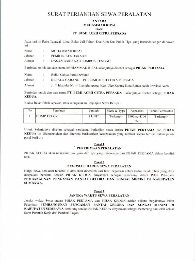 Perjanjian Sewa Alat | PDF