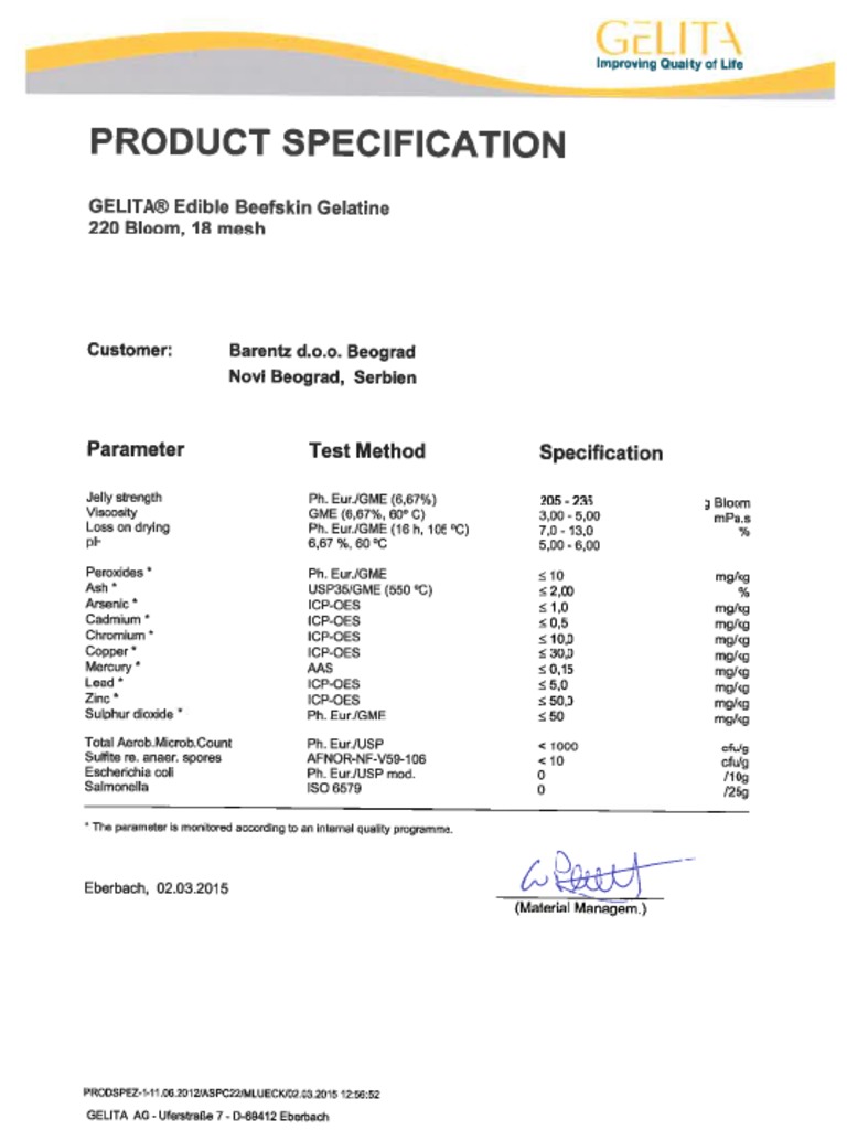 Zelatin_Pro.Spec. Bovine Gelatine 220 Bloom | PDF