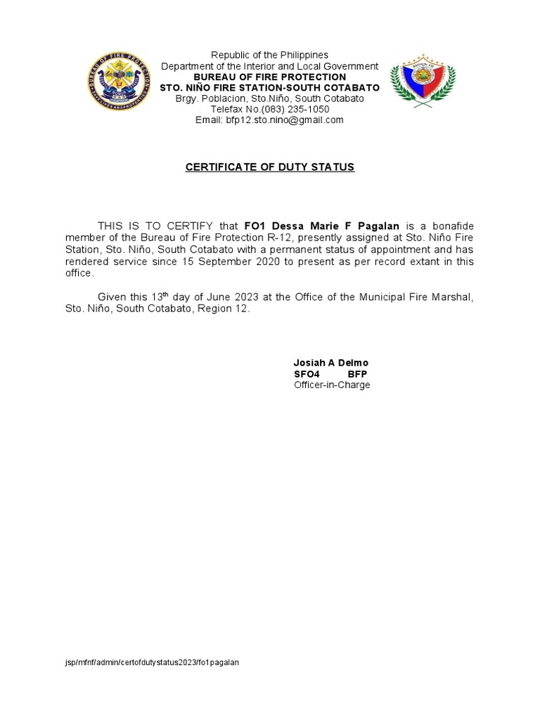 DUTY STATUS - FO1 Pagalan | PDF
