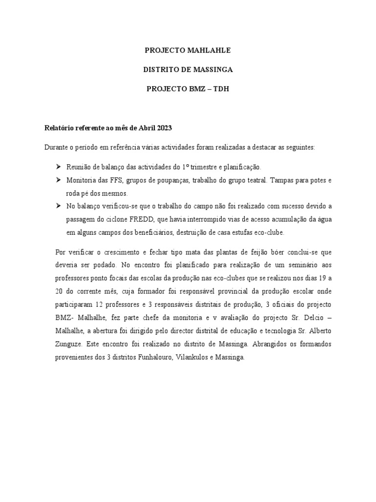 Relatório Mensal do Projeto Mahlahle - Abril 2023 | PDF | Estudos de ...