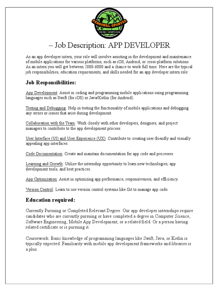 App Developer JD | PDF | Mobile App | Computer Programming
