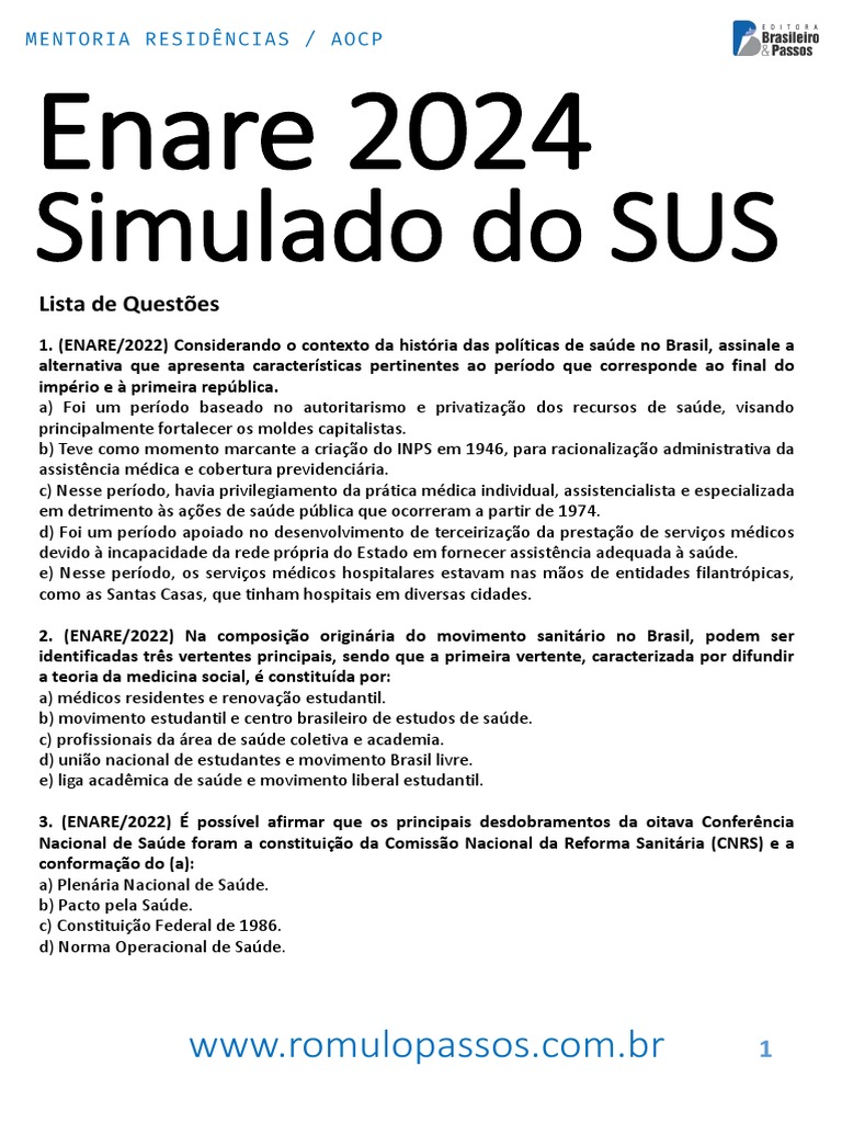 (PDF) Simulado Do SUS para o Enare 2024 | PDF