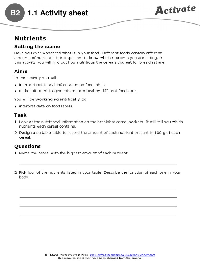Nutrients Worksheet | Download Free PDF | Nutrition | Diet &amp; Nutrition