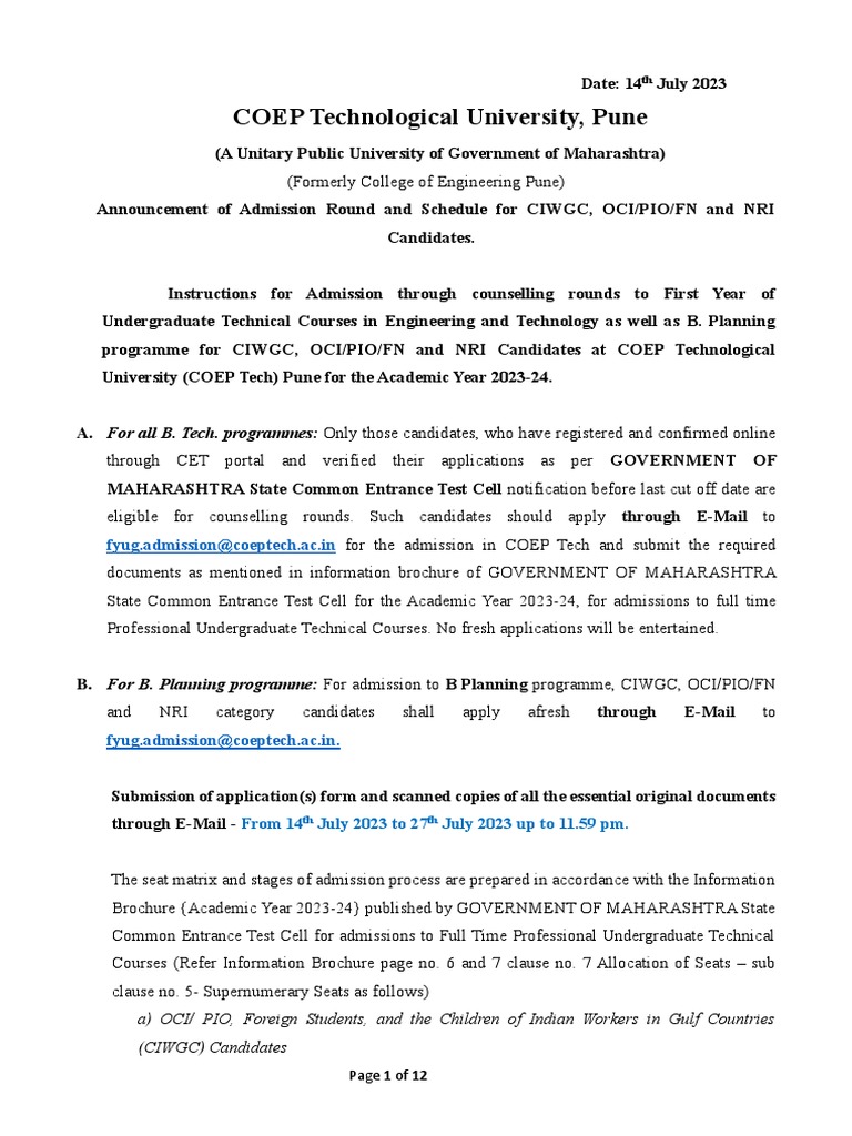 Notification For CIWGC-OCI-PIO-FN-NRI Admission-COEP Tech.-AY2023-24 | PDF