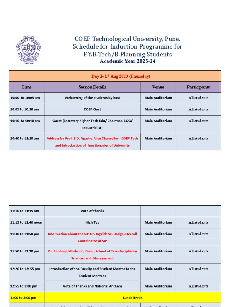 Schedule of First Year B. Tech Induction Program 2023-24 | PDF
